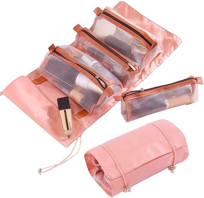 Roll Up Makeup Hanging Bag with 4 Detachable Compartments (Pink) – Houme